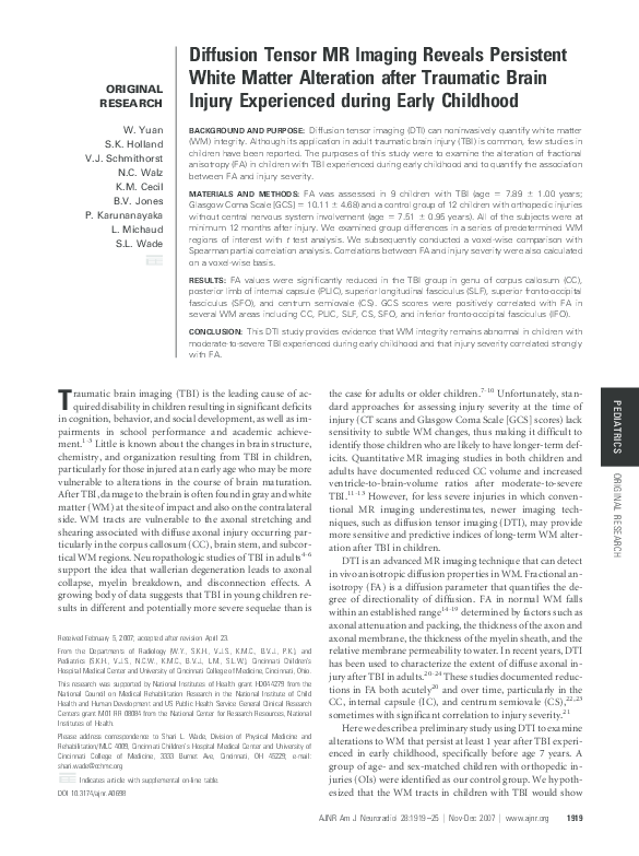 (PDF) ORIGINAL RESEARCH Diffusion Tensor MR Imaging Reveals Persistent ...