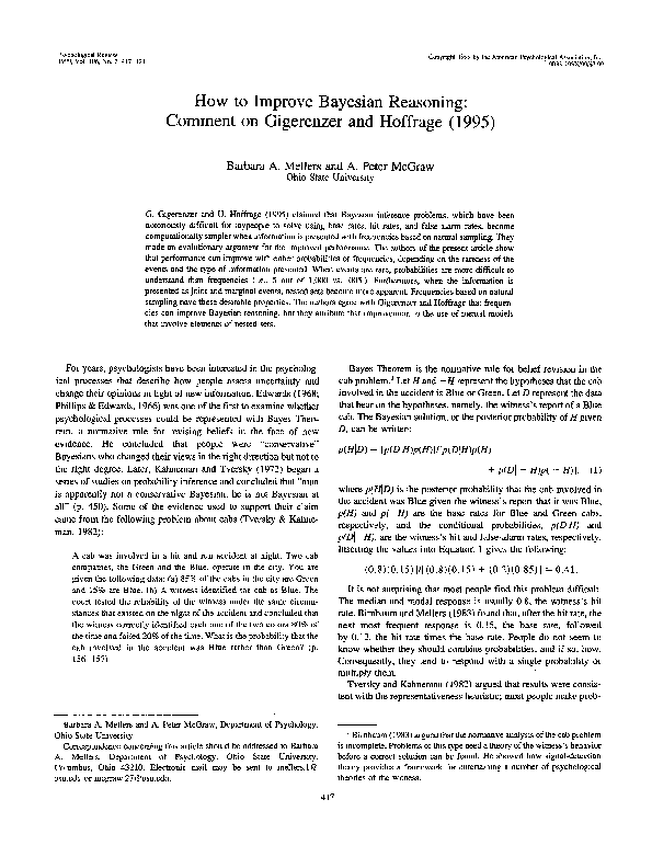 (PDF) How to Improve Bayesian Reasoning: Comment on Gigerenzer and Hoffrage (1995)