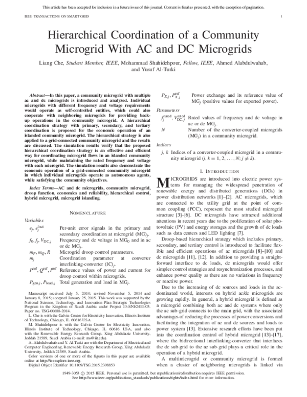Pdf Hierarchical Coordination Of A Community Microgrid With Ac And Dc