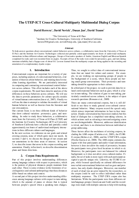 Pdf The Utep Ict Cross Cultural Multiparty Multimodal Dialog Corpus