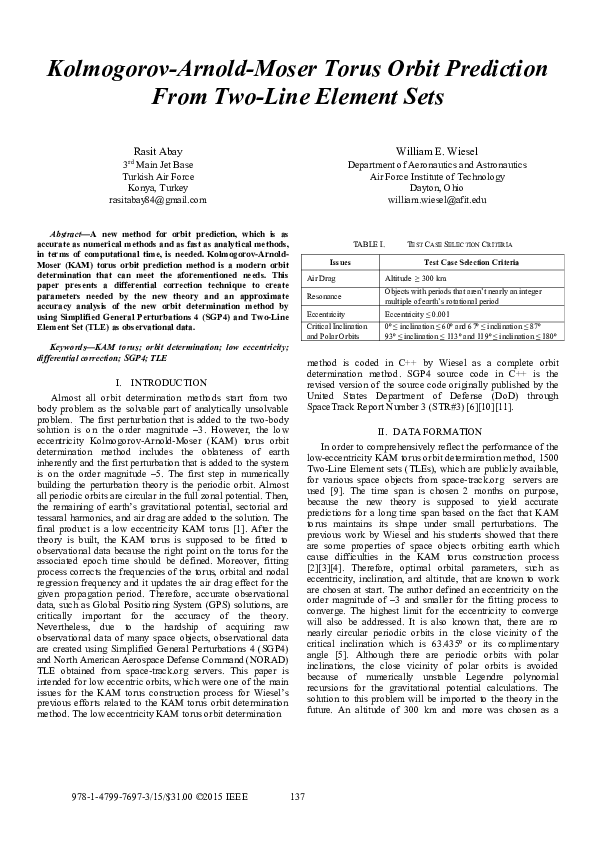 Pdf Kolmogorov Arnold Moser Torus Orbit Prediction From Two Line