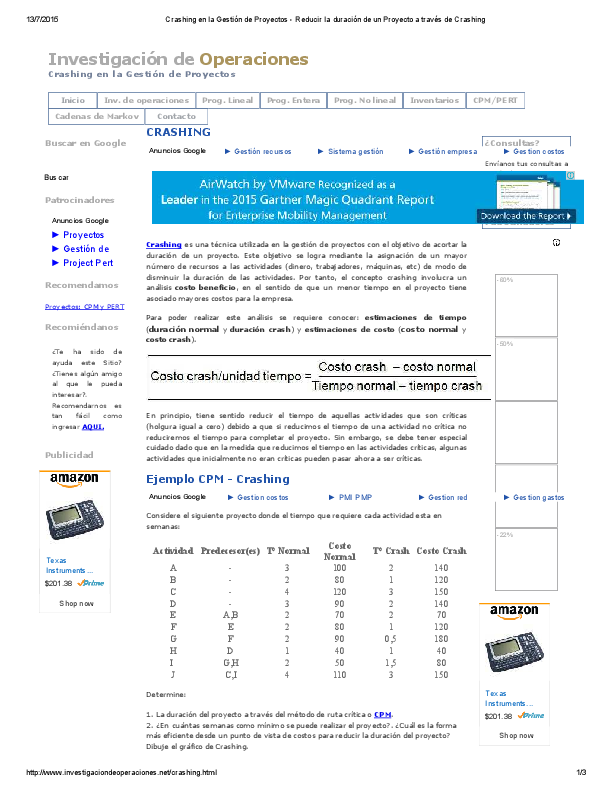 (PDF) Ejemplo CPM ­ Crashing