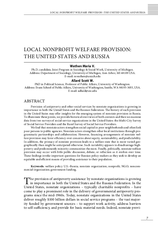 (PDF) LOCAL NONPROFIT WELFARE PROVISION: THE UNITED STATES AND RUSSIA