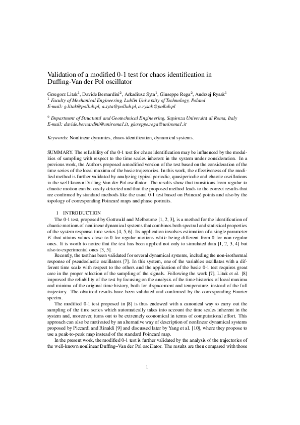 (PDF) Validation of a modified 0-1 test for chaos identification in ...