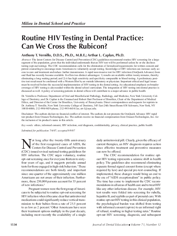 (PDF) Routine HIV Testing in Dental Practice: Can We Cross the Rubicon?