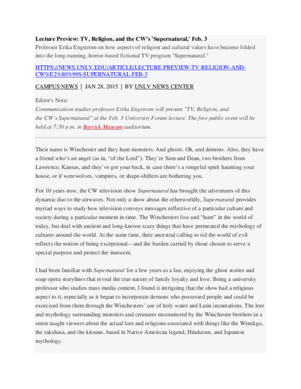 (PDF) Article on Television, Religion, and Supernatural--by Erika Engstrom