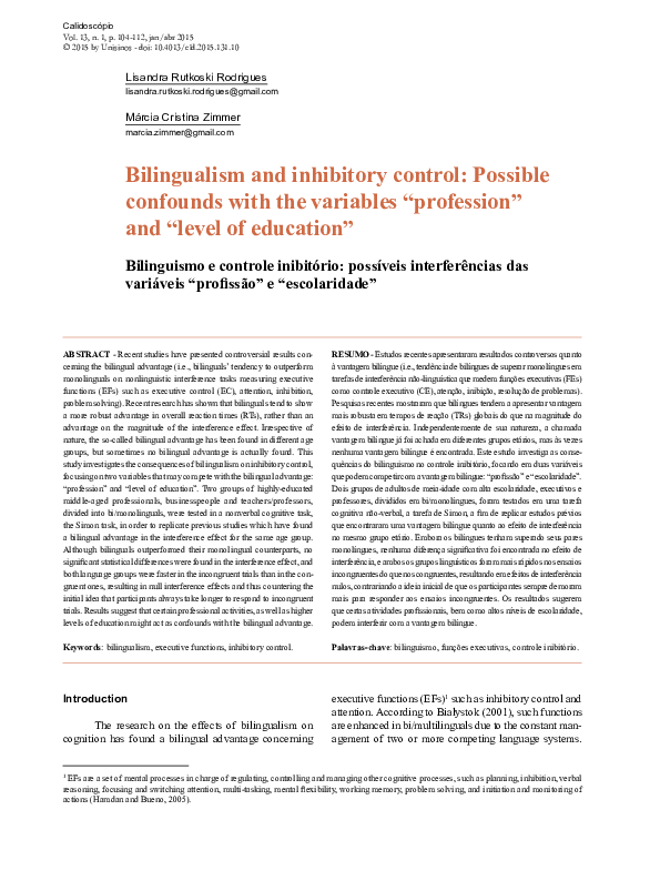 (PDF) Bilingualism's Impact on Inhibitory Control Confounds