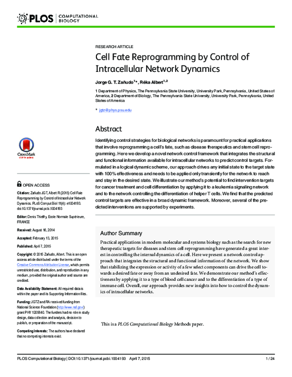 Pdf Cell Fate Reprogramming By Control Of Intracellular Network Dynamics
