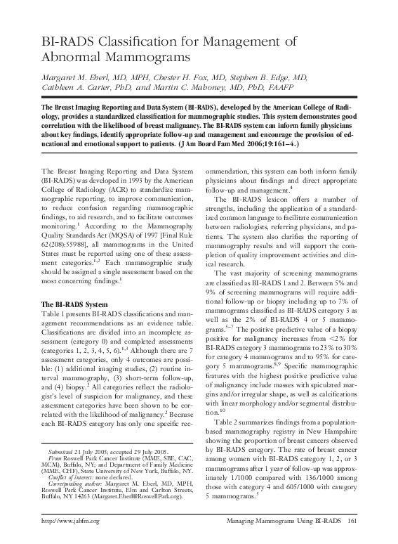 Pdf Bi Rads Classification For Management Of Abnormal Mammograms