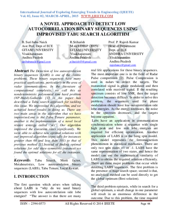 Pdf A Novel Approach To Detect Low Autocorrelation Binary Sequences Using Improvised Tabu 