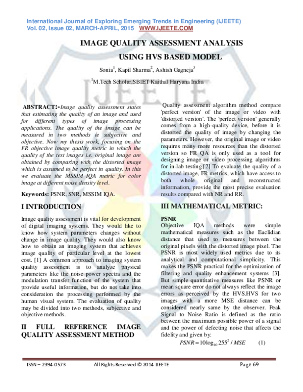 (PDF) IMAGE QUALITY ASSESSMENT ANALYSIS USING HVS BASED MODEL