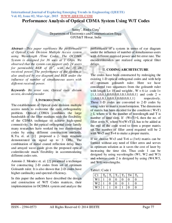 Pdf Performance Analysis Of Optical Cdma System Using W T Codes