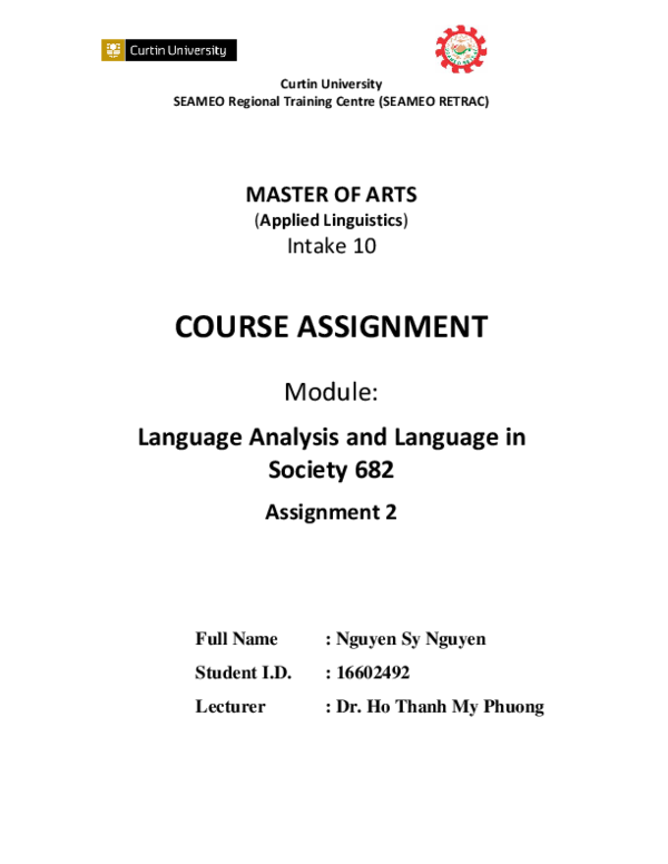 (PDF) MASTER OF ARTS COURSE ASSIGNMENT Module: Language Analysis and Language in Society 682 ...