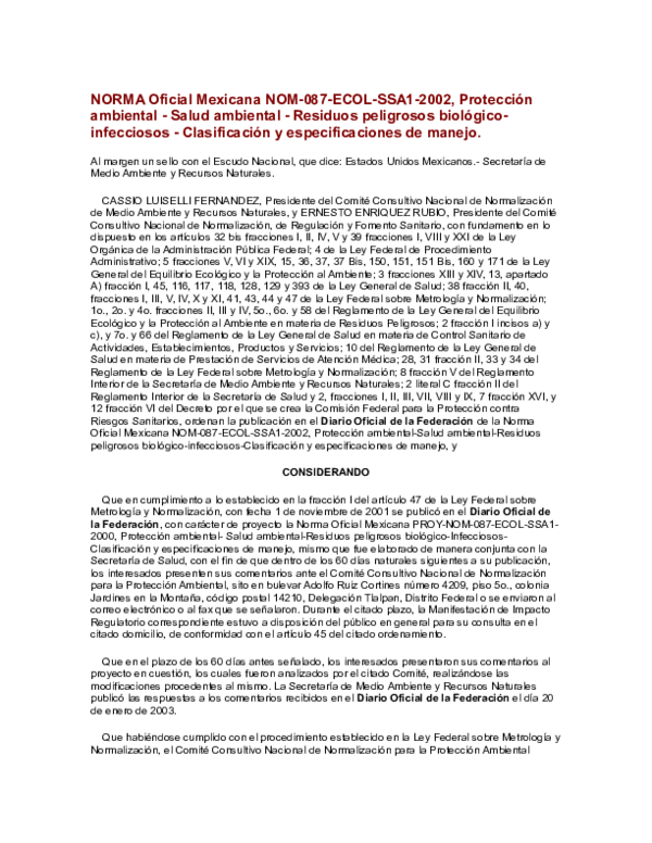 (DOC) NORMA Oficial Mexicana NOM-087-ECOL-SSA1-2002, Protección ambiental -Salud ambiental ...