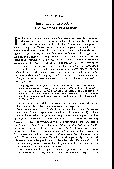(PDF) Imagining Transcendence : The Poetry of David Malouf