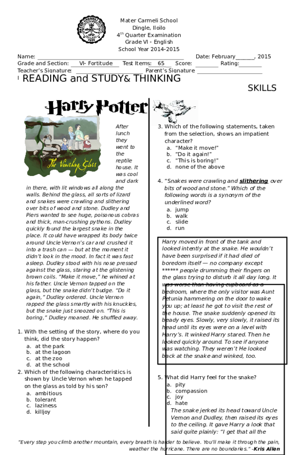 (DOC) Assessment Tool in English (Grade-6)