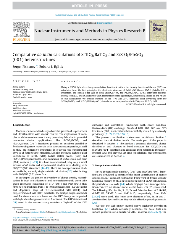 Pdf Comparative Ab Initio Calculations Of Srtio3batio3 And Srzro3pbzro3 001 Heterostructures