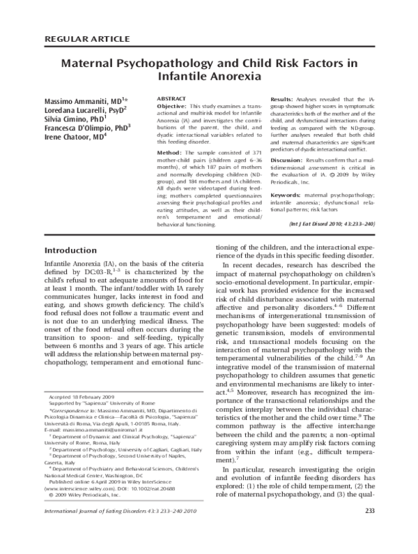 (PDF) Maternal psychopathology and child risk factors in infantile anorexia