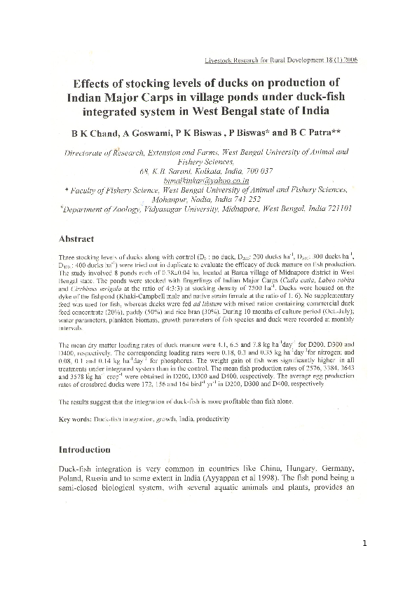 (DOC) Effects of stocking levels of ducks on production of Indian Major ...