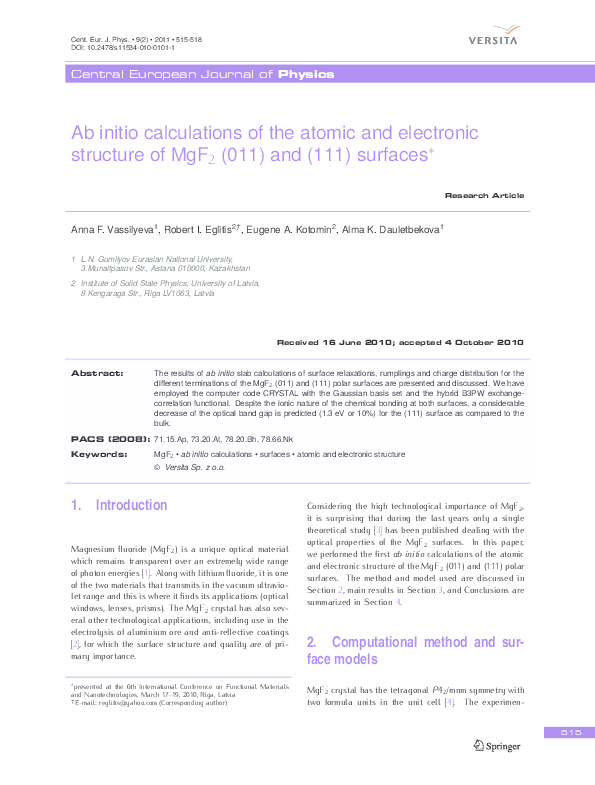 Pdf Ab Initio Calculations Of The Atomic And Electronic Structure Of