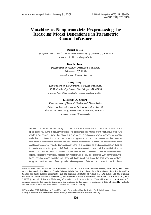 Pdf Matching As Nonparametric Preprocessing For Reducing Model