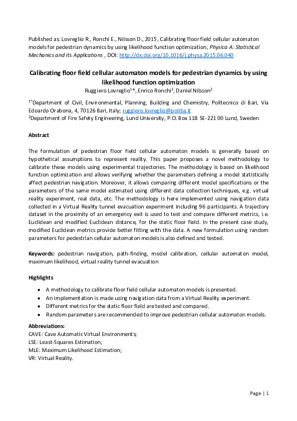 Pdf Calibrating Floor Field Cellular Automaton Models For Pedestrian Dynamics By Using