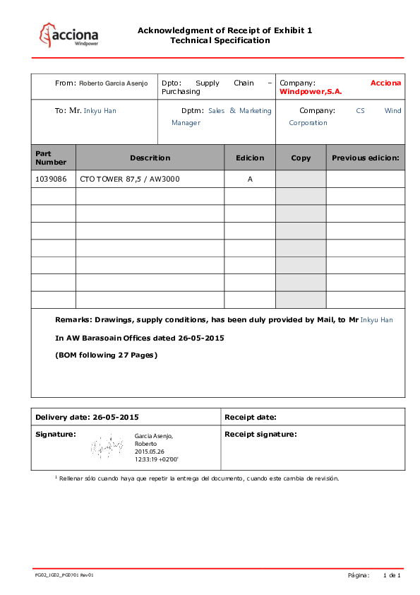(PDF) Acknowledgment of Receipt of Exhibit 1 Technical Specification