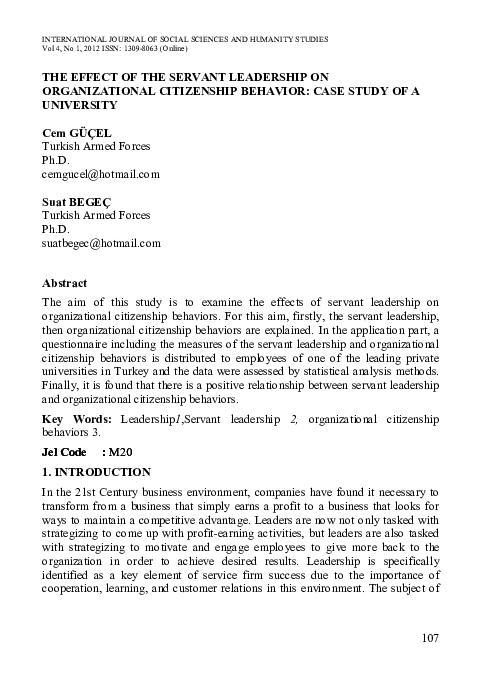 (PDF) THE EFFECT OF THE SERVANT LEADERSHIP ON ORGANIZATIONAL CITIZENSHIP BEHAVIOR: CASE STUDY OF ...