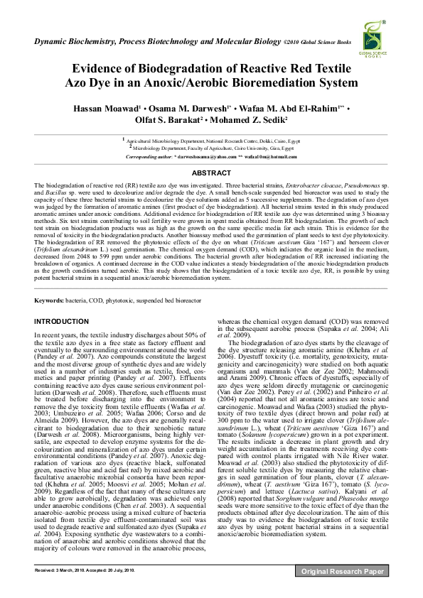 (PDF) Evidence of Biodegradation of Reactive Red Textile Azo Dye in an Anoxic/Aerobic ...