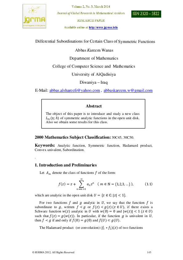 Differential Subordinations For Certain Class Of Symmetric Functions
