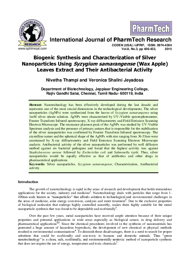 (PDF) Biogenic Synthesis and Characterization of Silver Nanoparticles Using Syzygium ...