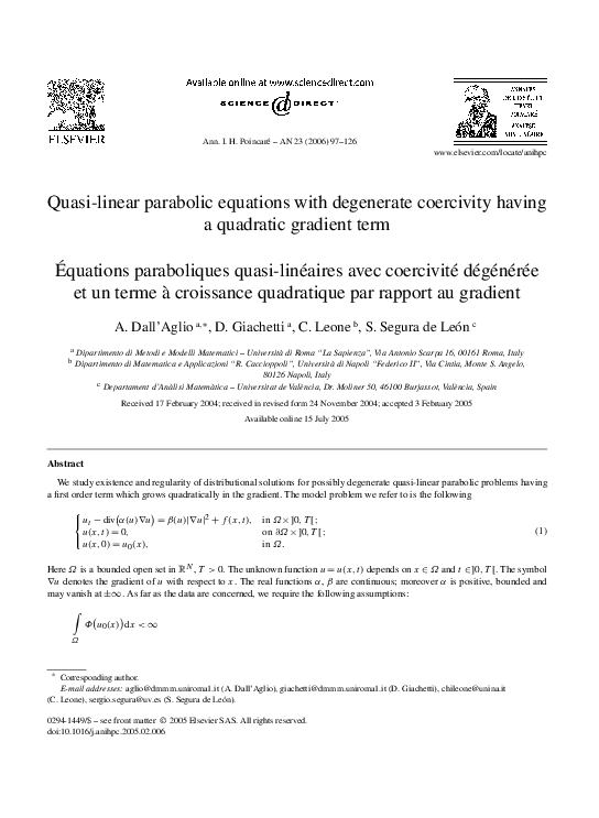 Pdf Quasilinear Parabolic Equations With Degenerate Coercivity Having A Quadratic Gradient