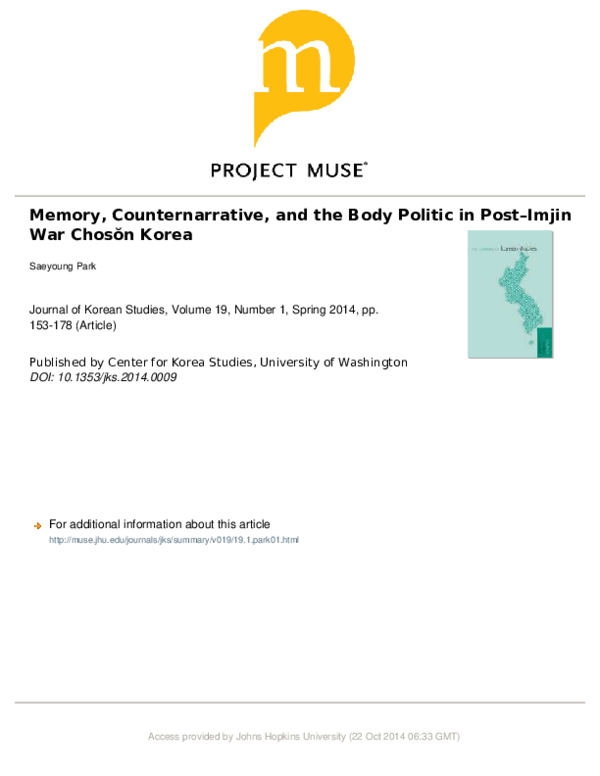 Memory, Counternarrative, and the Body Politic in Post-Imjin War Chosŏn ...