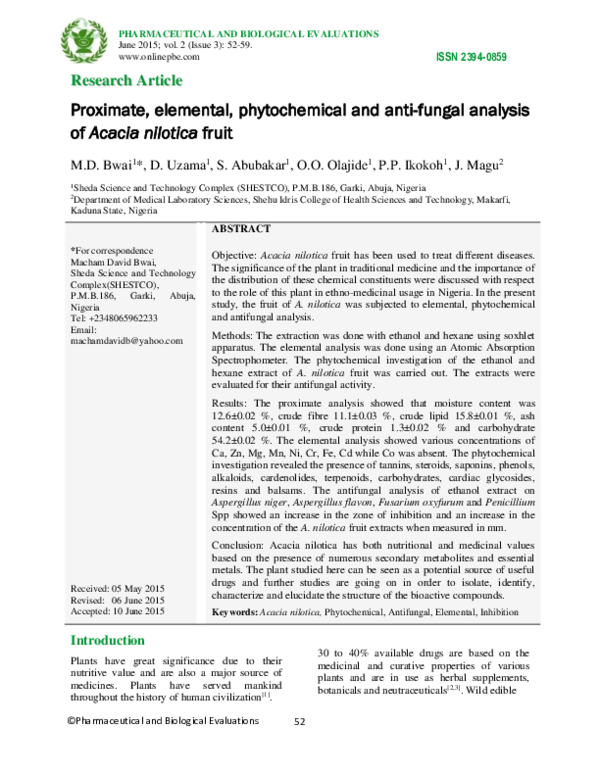 (PDF) Proximate, elemental, phytochemical and anti-fungal analysis of Acacia nilotica fruit