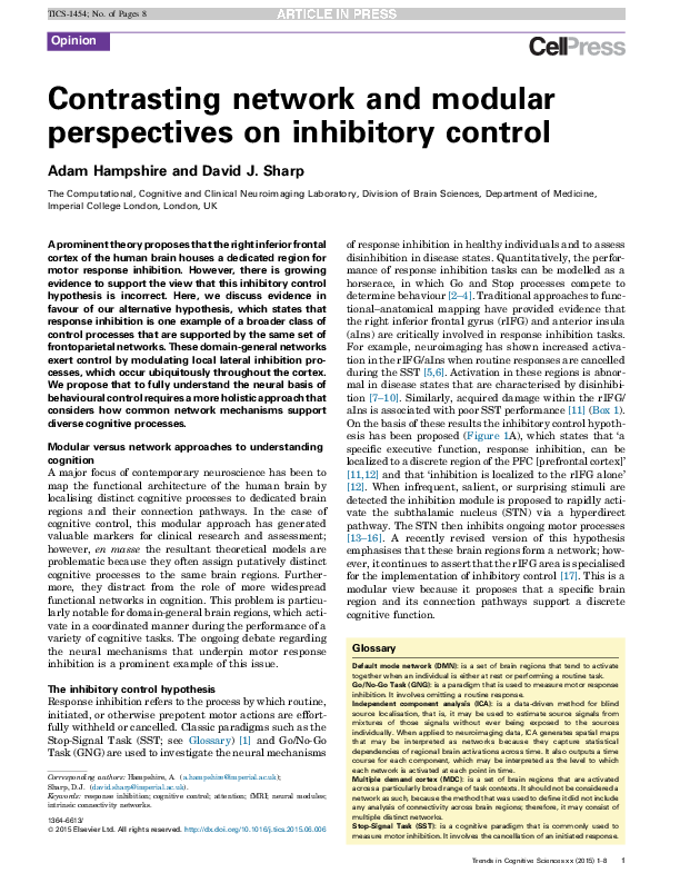 (PDF) Contrasting network and modular perspectives on inhibitory control