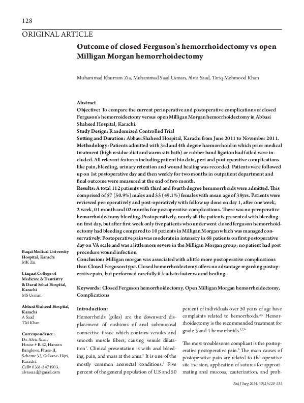 (PDF) Outcome of closed Ferguson’s hemorrhoidectomy vs open Milligan ...