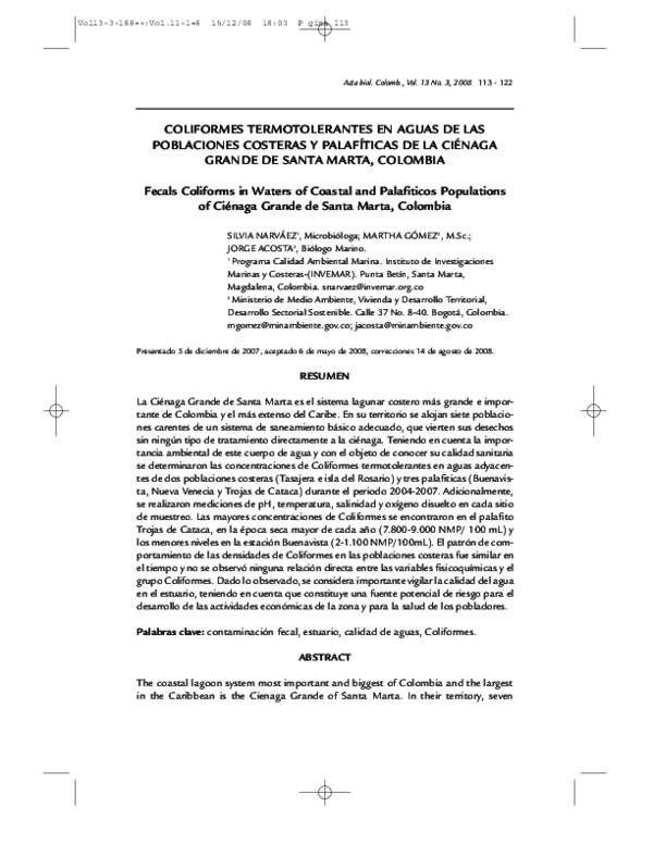 (PDF) COLIFORMES TERMOTOLERANTES EN AGUAS DE LAS POBLACIONES COSTERAS Y ...