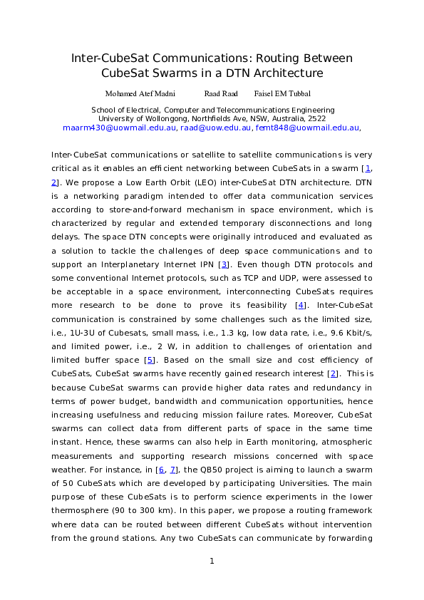 Doc Inter Cubesat Communications Routing Between Cubesat Swarms In A