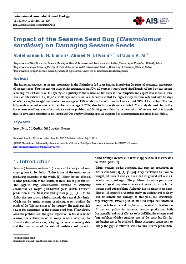 Impact of the Sesame Seed Bug (Elasmolomus sordidus) on Damaging Sesame ...
