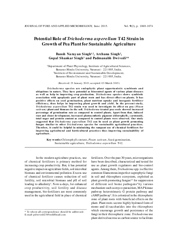(PDF) Potential Role of Trichoderma asperellum T42 Strain in Growth of Pea Plant for Sustainable ...