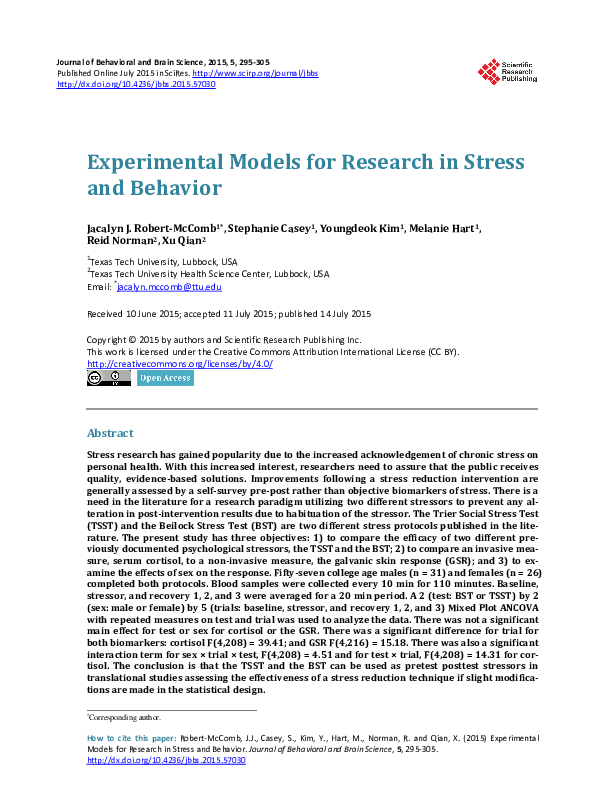 (PDF) Experimental Models for Research in Stress and Behavior