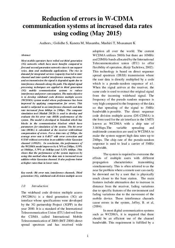 Pdf Reduction Of Errors In W Cdma Communication Systems At Increased Data Rates Using Coding
