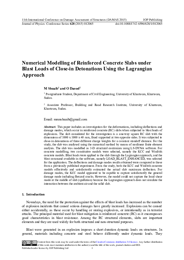 (PDF) Numerical Modelling of Reinforced Concrete Slabs under Blast Loads of Close-in Detonations ...