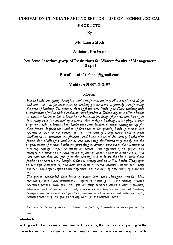 Doc Innovation In Indian Banking Sector Use Of Technological Products