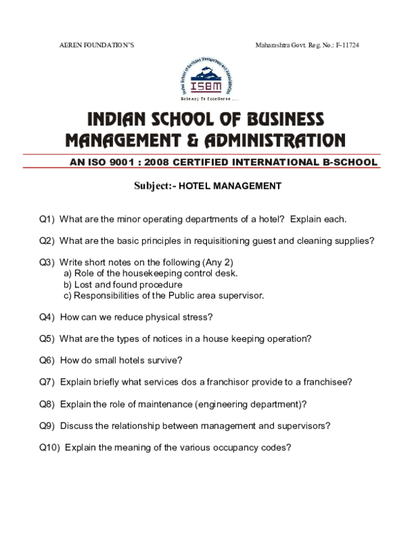 (PDF) Subject:-HOTEL MANAGEMENT