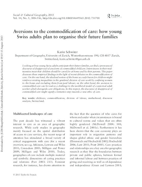 (PDF) Aversions to the commodification of care: how young Swiss adults ...