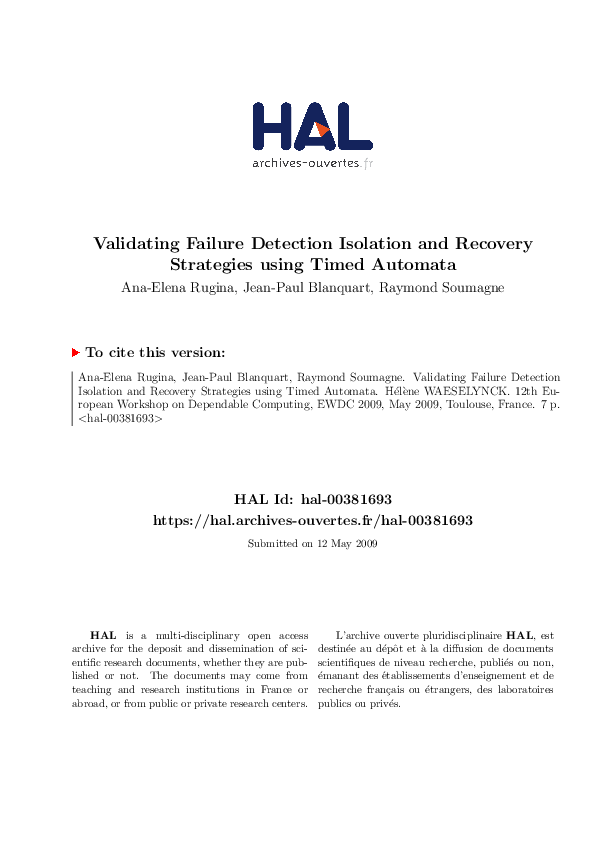 (PDF) Validating Failure Detection Isolation and Recovery Strategies using Timed Automata