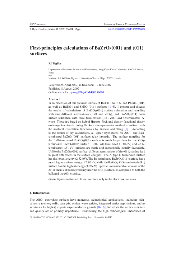 (PDF) First-principles calculations of BaZrO3 (001) and (011) surfaces