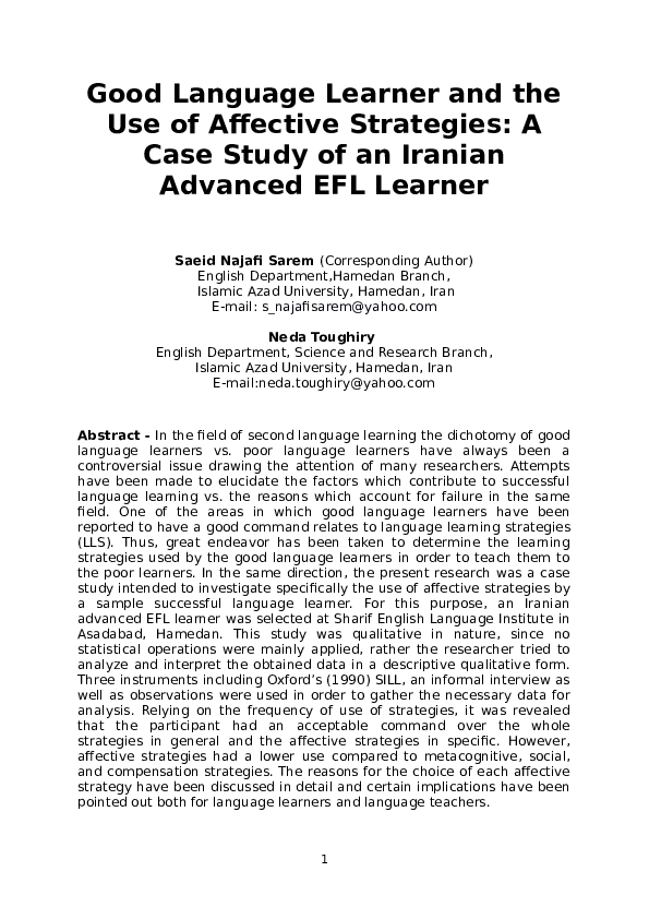 (DOC) Good Language Learner and the Use of Affective Strategies: A Case ...