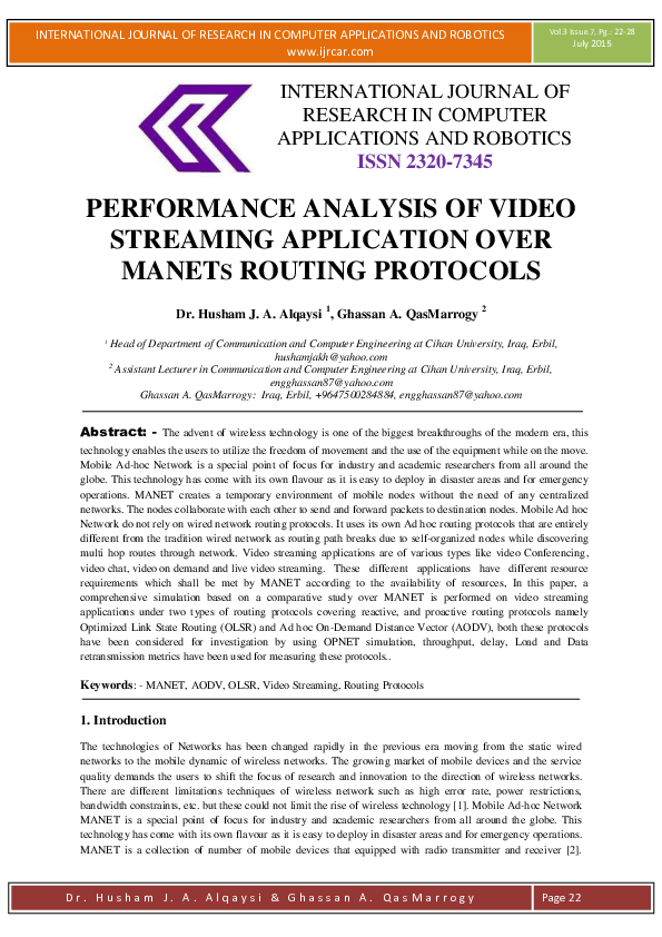 Performance Analysis Of Video Streaming Application Over Manets Routing Protocols